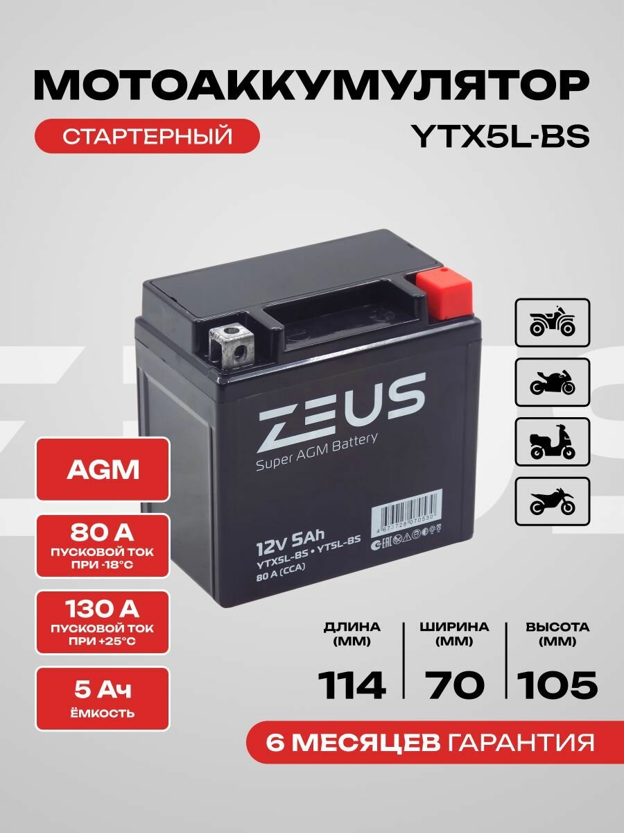 Мото Аккумулятор стартерный AGM для мотоцикла/квадроцикла/скутера ZEUS SUPER AGM 5 А*ч о. п. Обратная полярность (YTX5L-BS, UTX5L-BS, CT 1205)