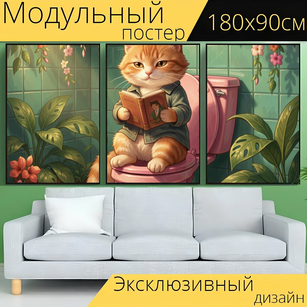 Модульный постер "Кот с книгой в ванной среди растений. Очаровательный антропоморфный котёнок с романом сидит на розовом унитазе в." 180 x 90 см. для интерьера на стену в тубусе
