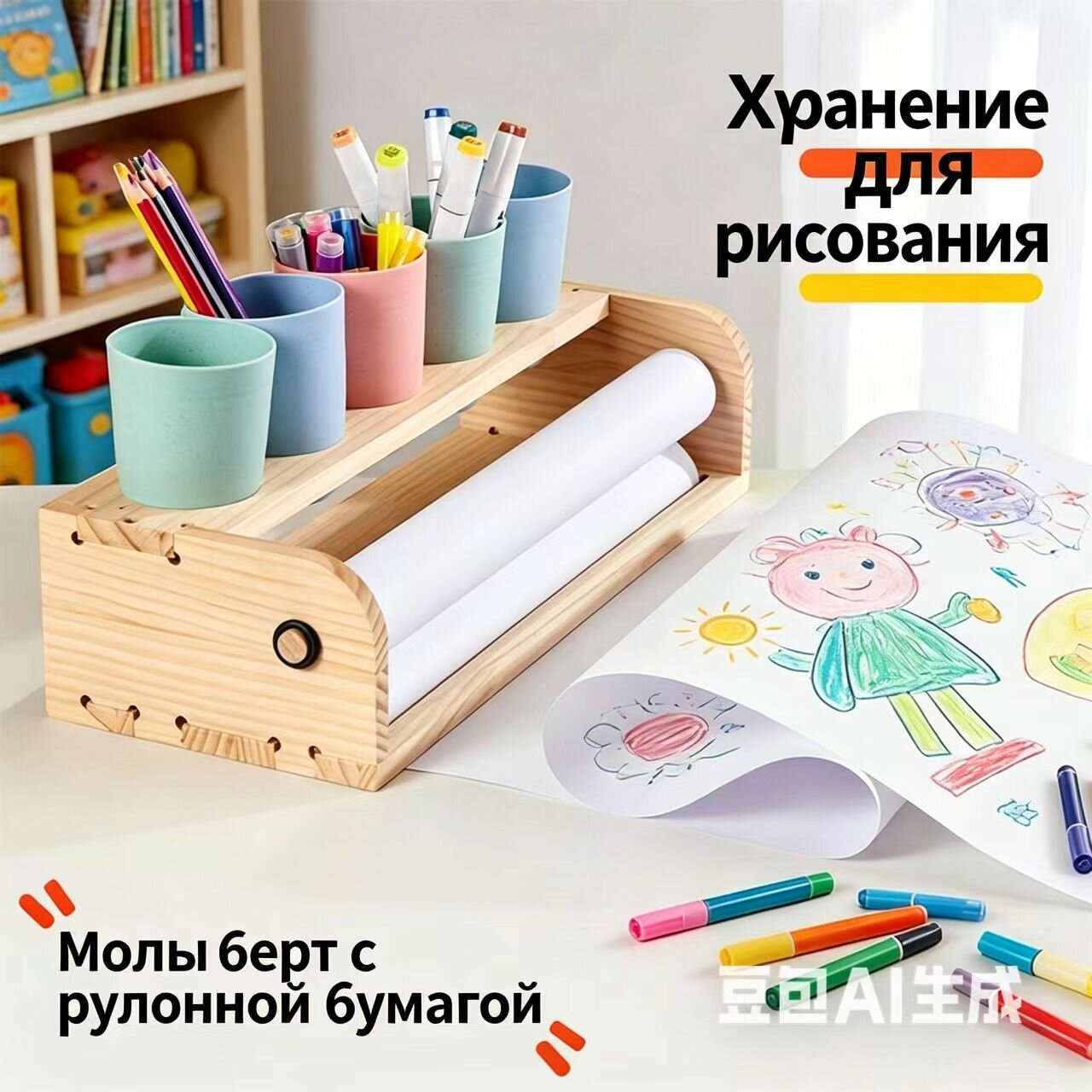 Мольберт для детского рисования из массива дерева, настольный вертикальный, с пятью держателями для ручек, 42,5*17*10 см