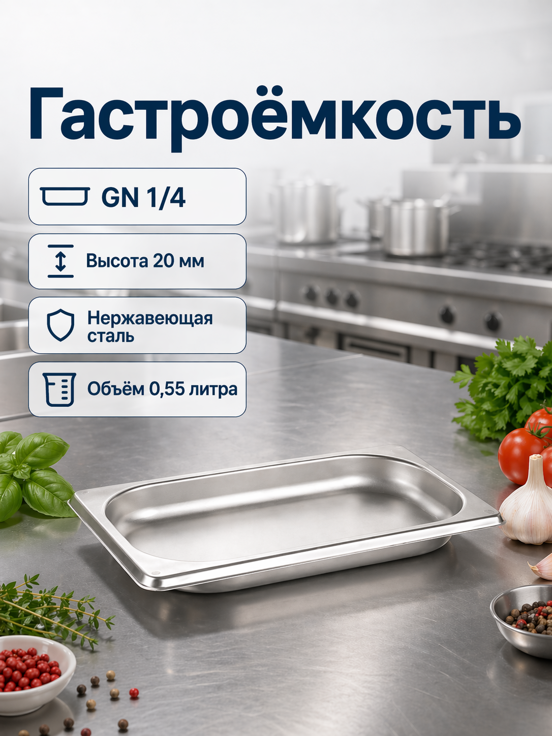 Гастроемкость GN 1/4-20 мм нержавеющая сталь