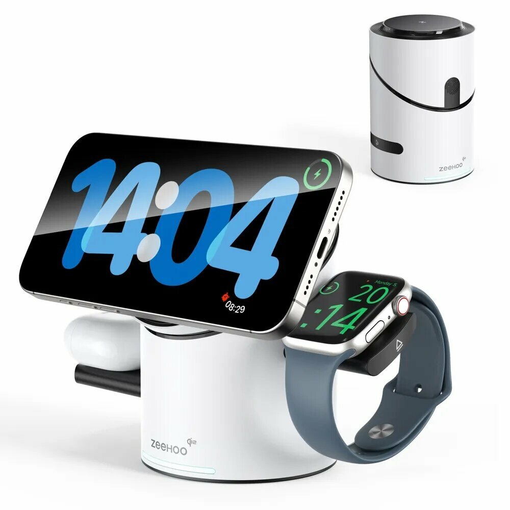 BSW Беспроводная зарядка 3 в 1 Qi2 (15W) для iPhone 17-12, Apple Watch, AirPods Адаптер 30W в комплекте Алюминиевый корпус ZEEHOO CylinTrick-R