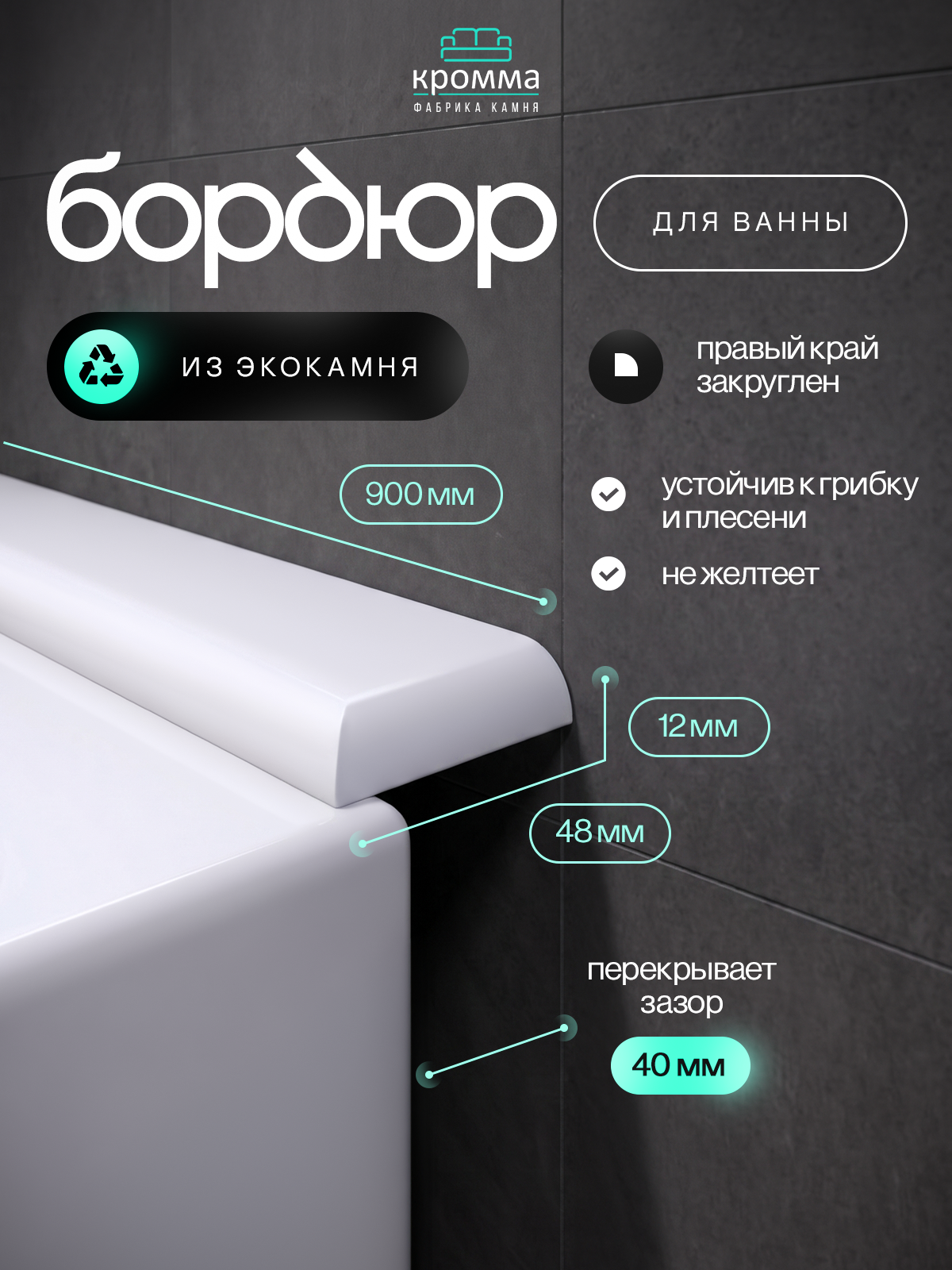 Акриловый бордюр плинтус для ванны 48/900 мм. белый цвет, глянцевая поверхность, правый