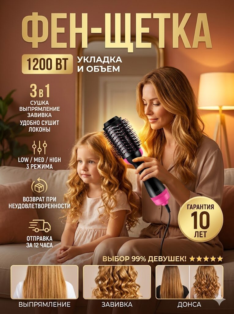 Фен-щетка для волос / Расческа с ионизацией One Step Фен-щётка (расчёска-фен) для волос Hair Dryer 3 в 1