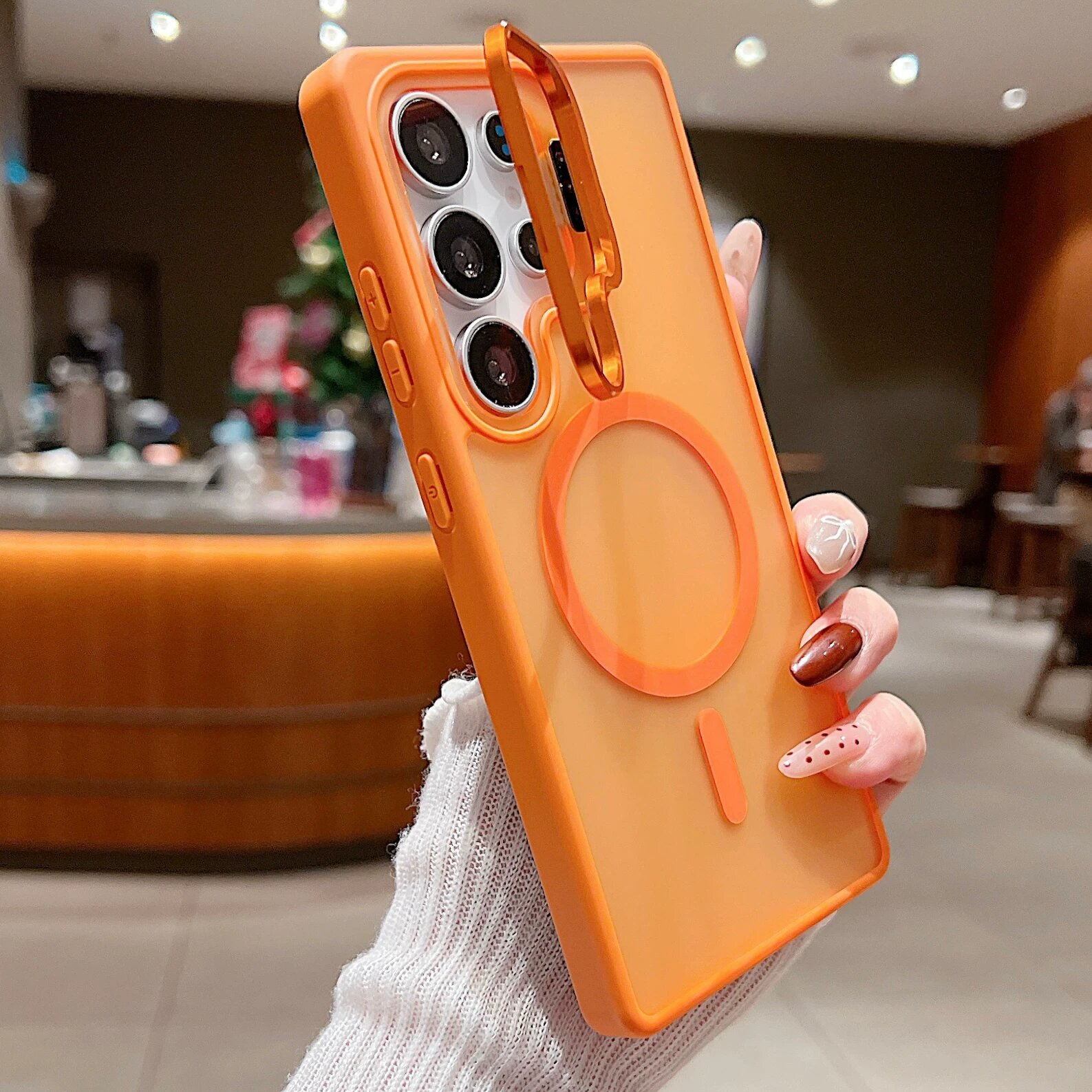Samsung Galaxy S25 Ultra матовый чехол с металлической подставкой для объектива - оранжево-розовый премиум