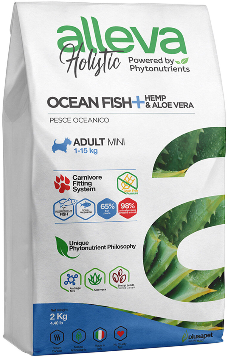 Корм сухой Alleva Holistic Adult Dog Mini Ocean Fish беззерновой для взрослых собак мелких пород, океаническая рыба, конопля, алоэ вера, 2 кг