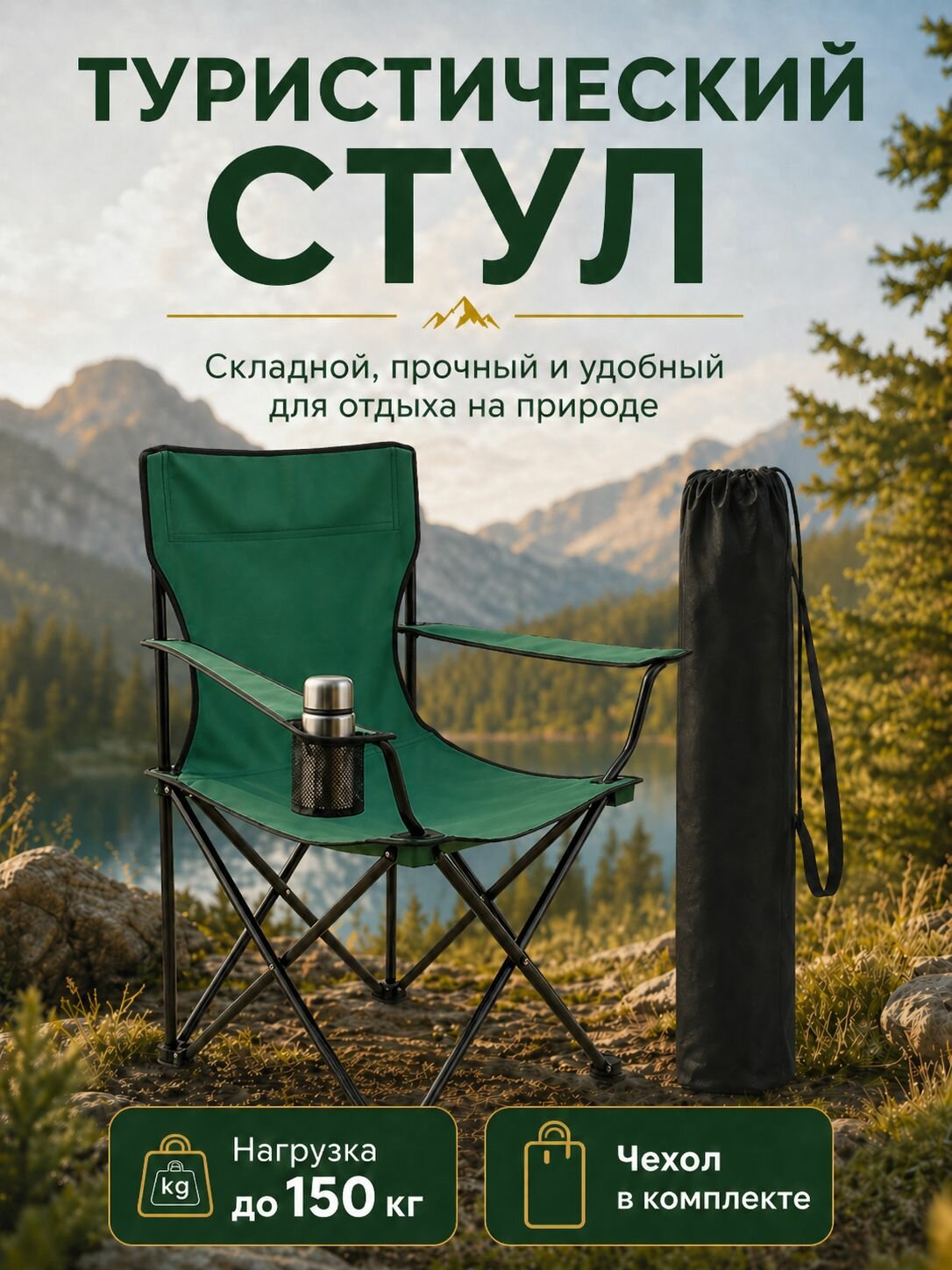 Стул складной туристический со спинкой и подлокотниками SOGOOD, до 150кг, зеленый