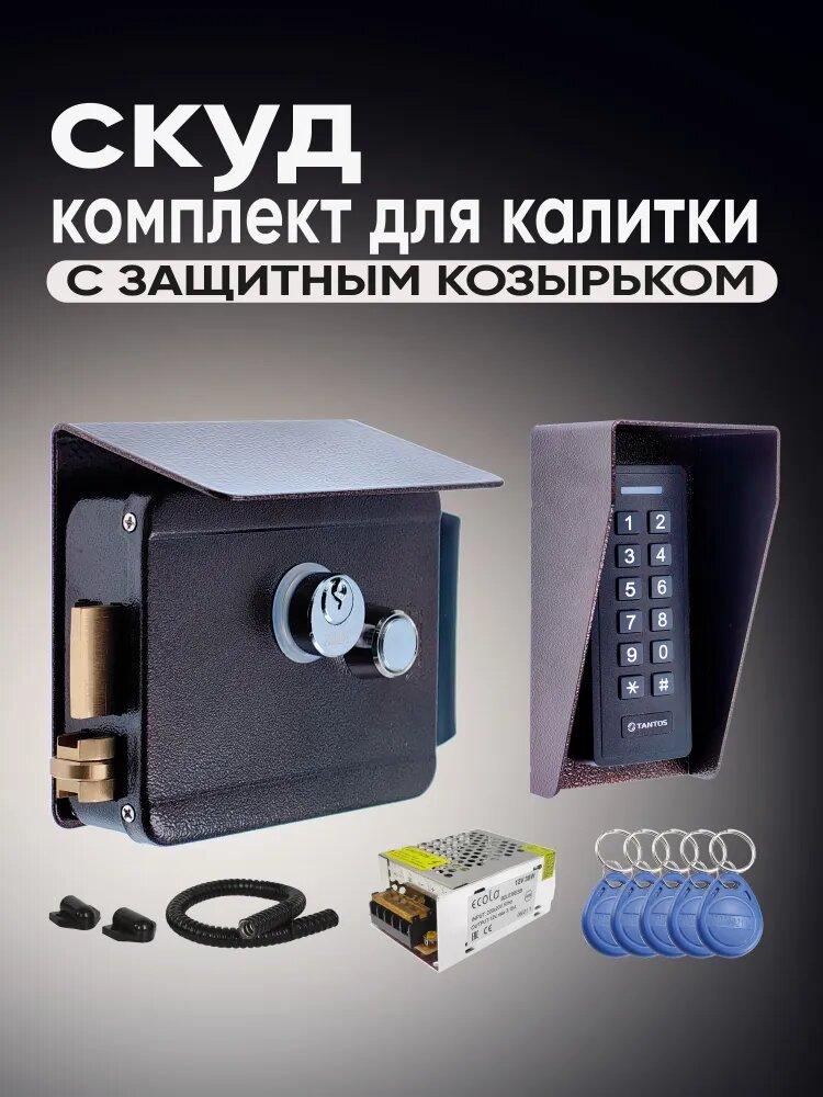 Замок электромеханический для калитки уличный накладной с защитным козырьком. Комплект СКУД. Входной дверной с ключами на дверь.