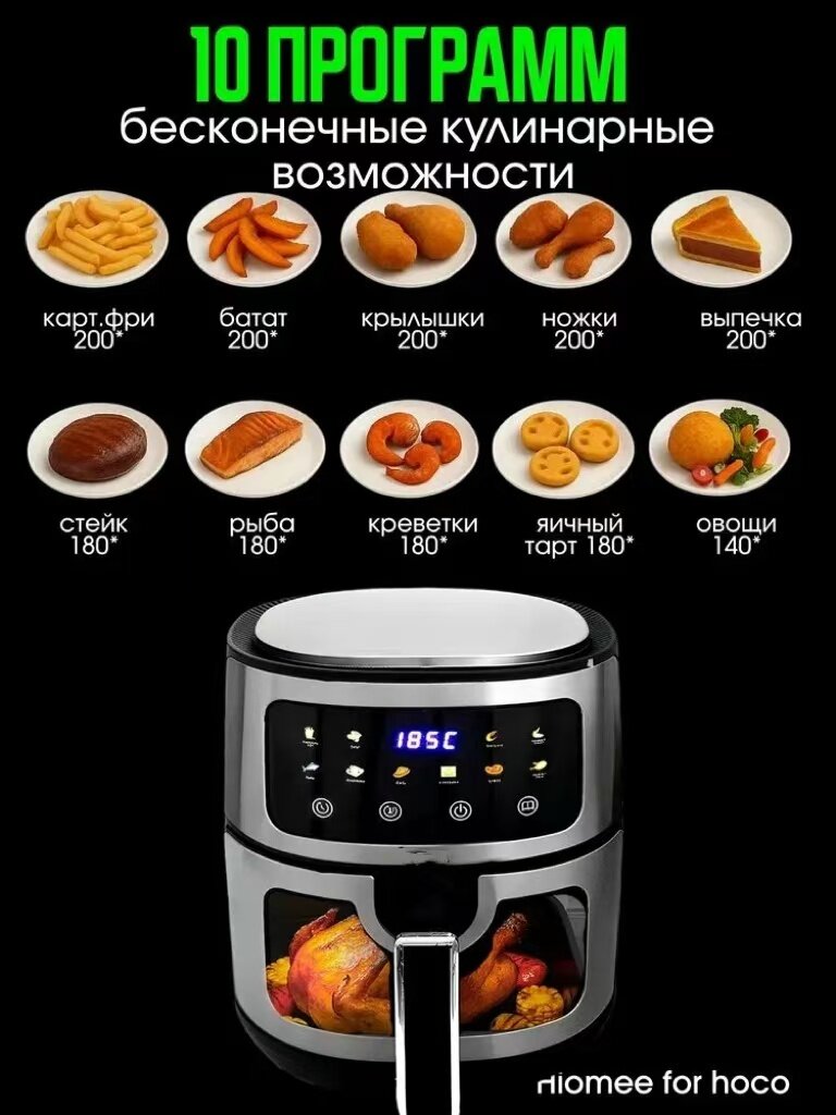 Аэрофритюрница H, 8 л, сенсорное управление, регулировка температурыРусский язык
