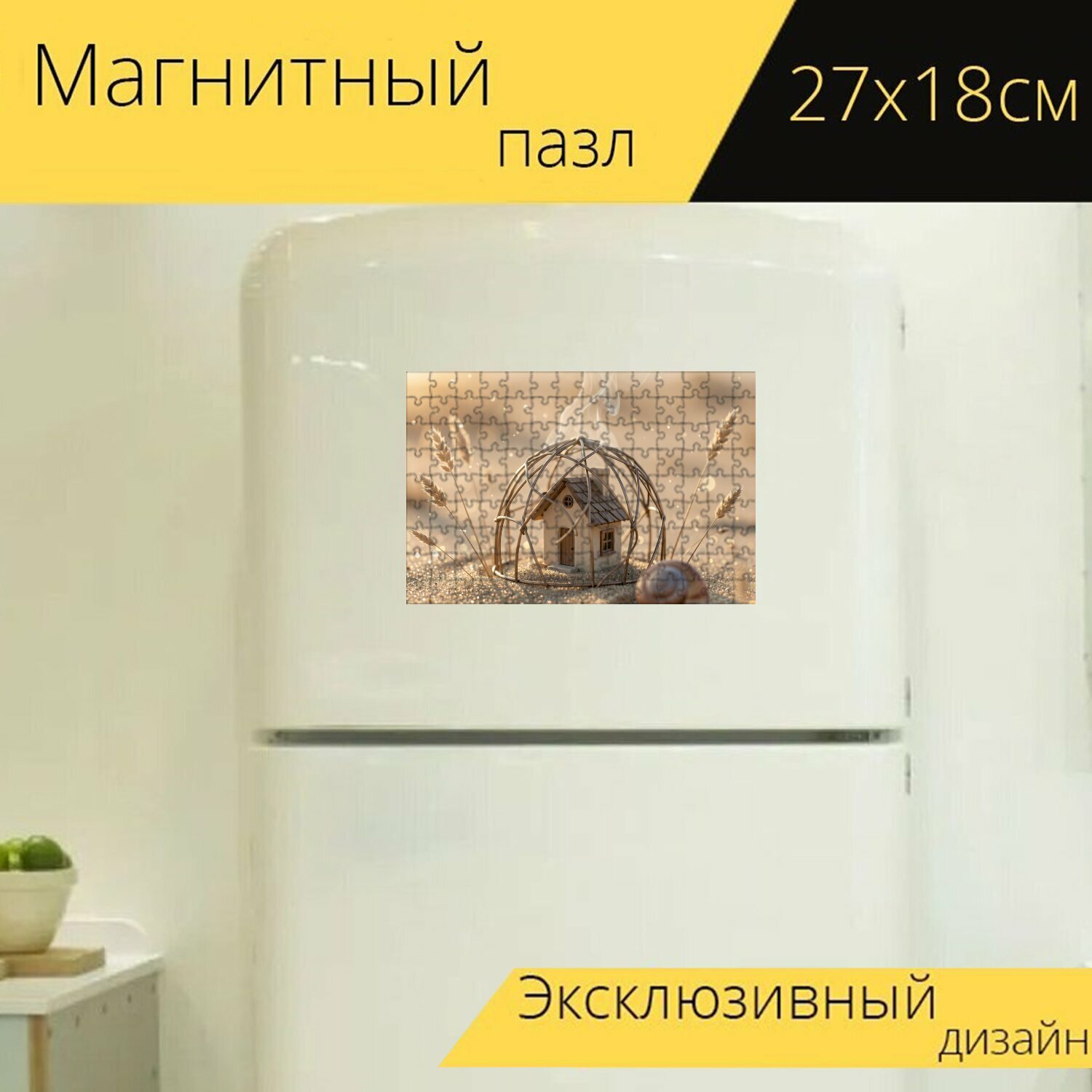 Магнитный пазл "Миниатюрный дом под куполом. Крошечный коттедж в песке внутри ажурного металлического каркаса, мягкий дымок, сухие колосья и ракушка." на холодильник 27 x 18 см.