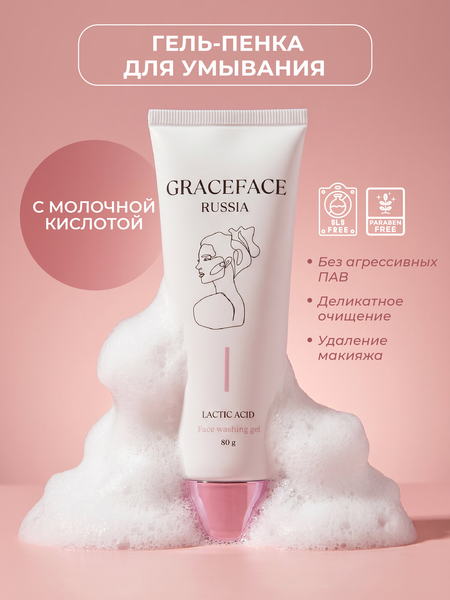 GRACE FACE Очищающая гель-пенка для лица с молочной кислотой мягкая для умывания