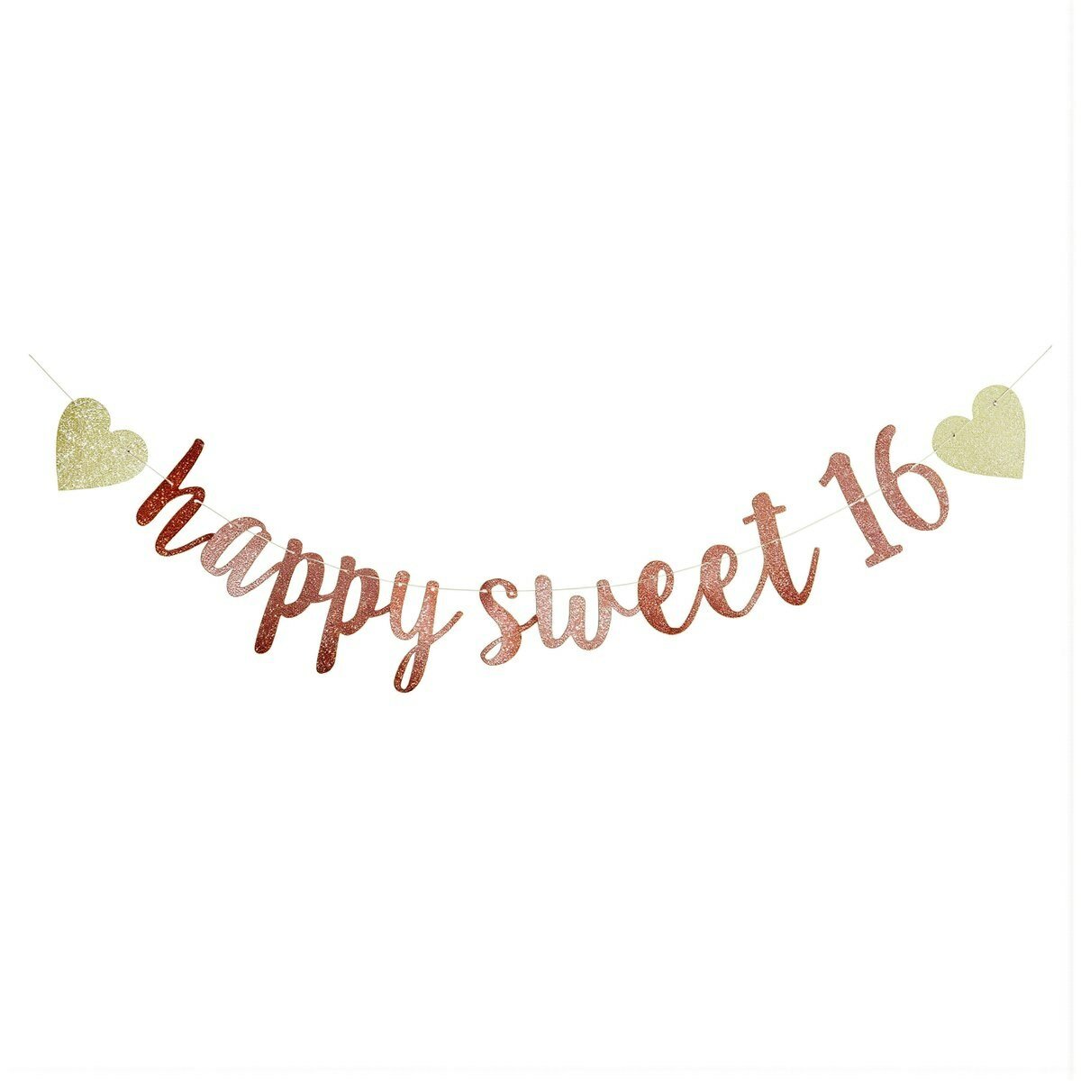 Блёстковая гирлянда Happy Sweet 16 для празднования дня рождения 16 лет, чёрно-золотая с декоративными сердечками, Розовое золото + золото