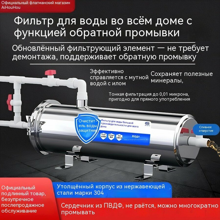 Многофункциональный фильтр для очистки воды с функцией обратного потока, объём 2000 л, материал фильтрации PVDF.