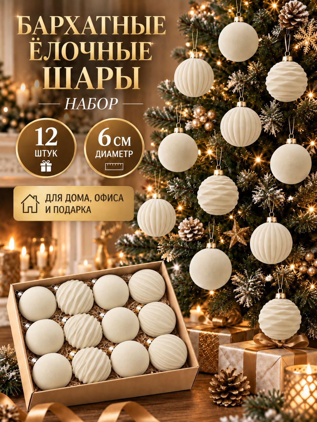 Елочный шар 6 см слоновая кость 12 шт
