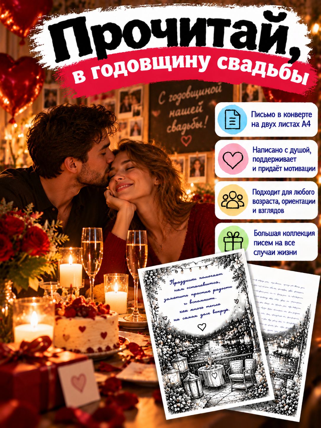 Письмо-поздравление "Прочитай в годовщину свадьбы", подарок со смыслом, 2 листа А4 в конверте