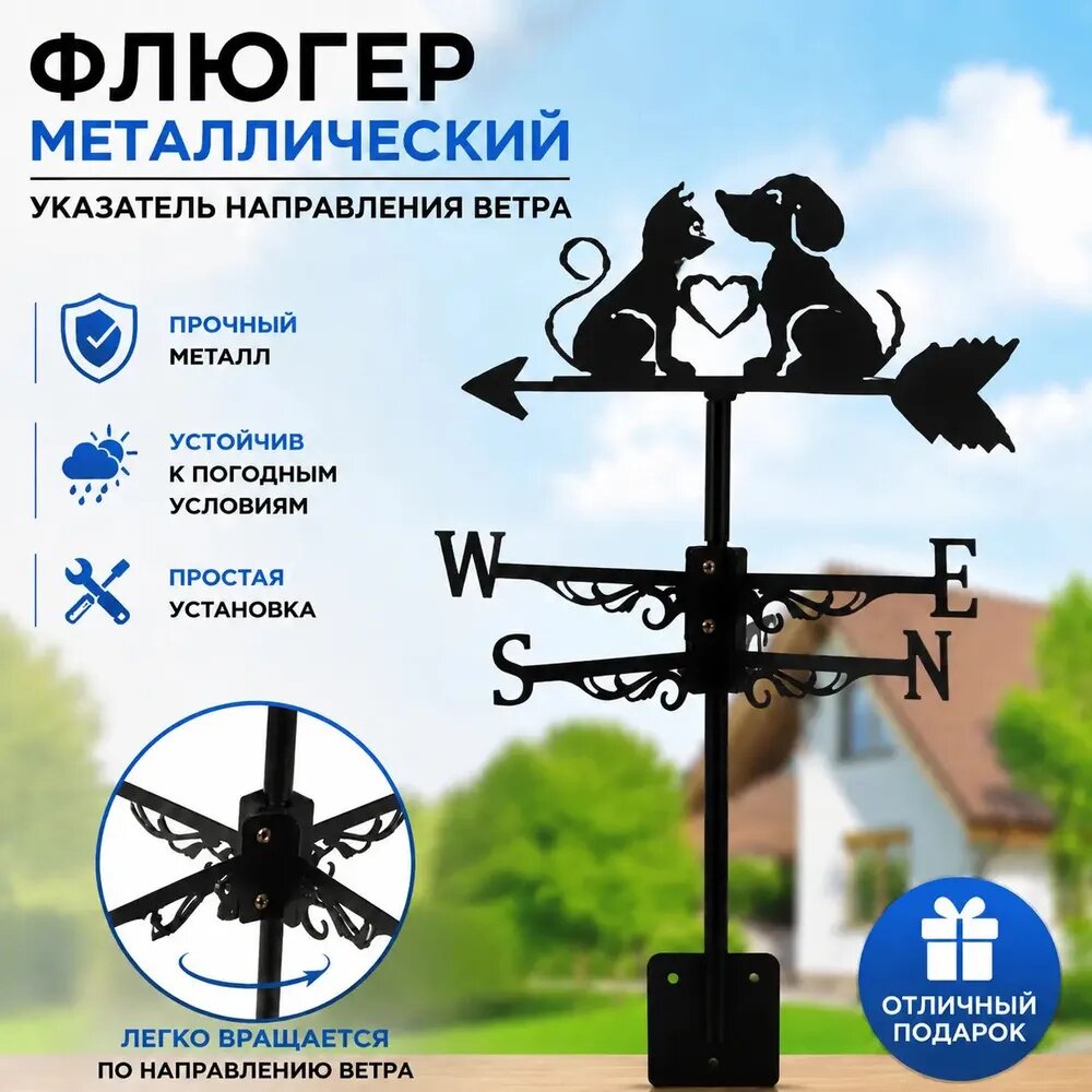 Флюгер металлический, указатель направления ветра, черный, животные (кот и собака)