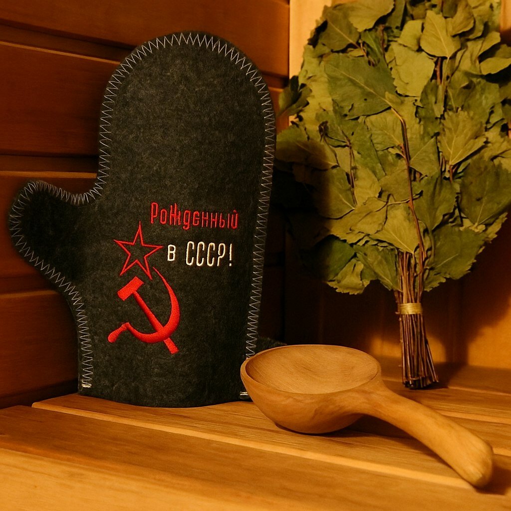 Рукавица для бани и сауны, "Рожденный в СССР серп и молот" серая