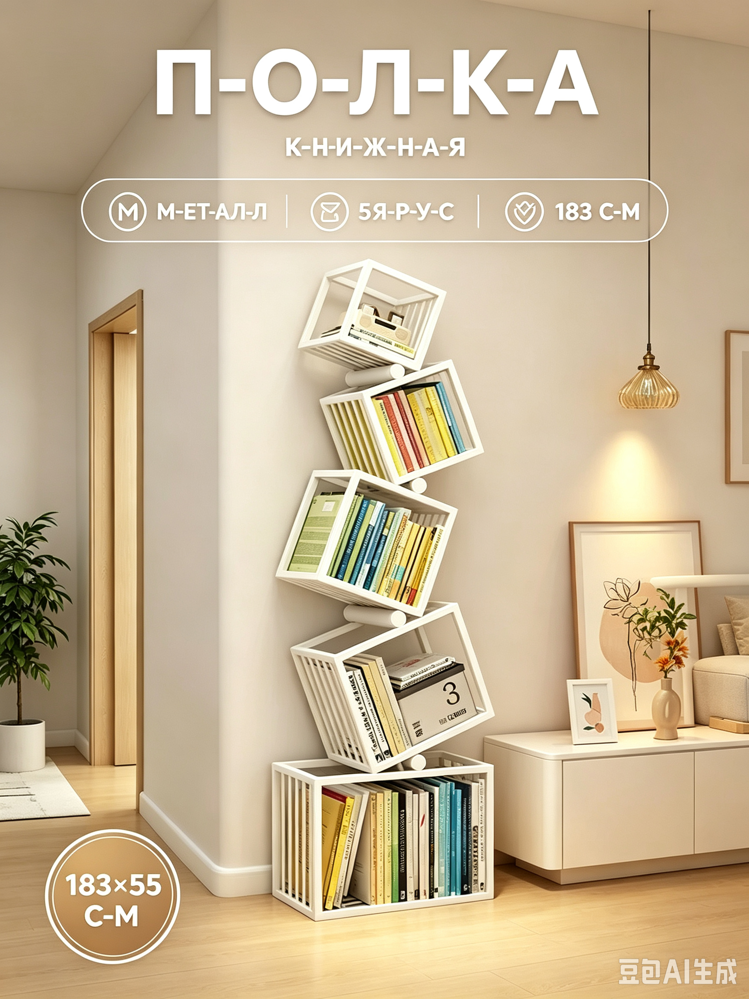 Стеллаж книжный куб модульный, 5 секций, металлический, белый, 183×55×25 см, 1 шт