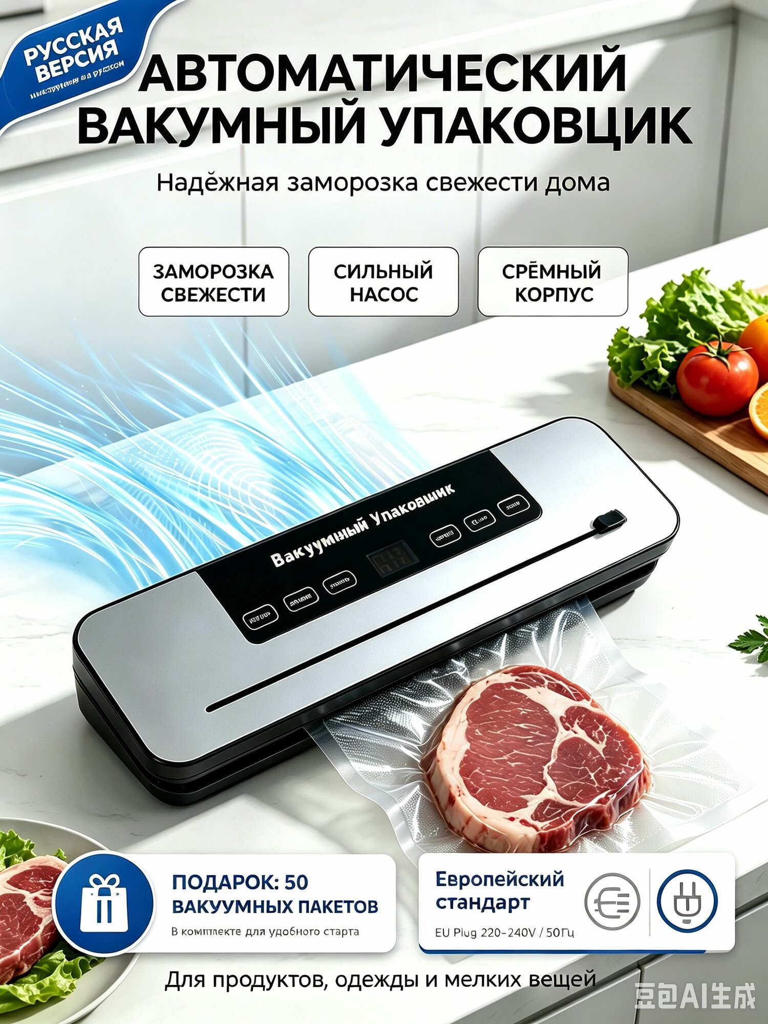Вакууматор для продуктов с резаком и пакетами, вакуумный упаковщик