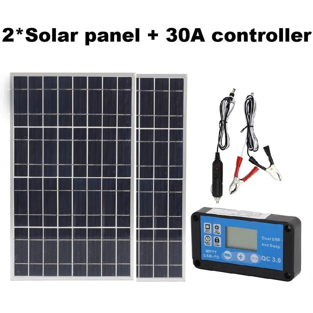 Солнечная панель 12V24V с водонепроницаемым контроллером 60A и зажимом для аккумулятора