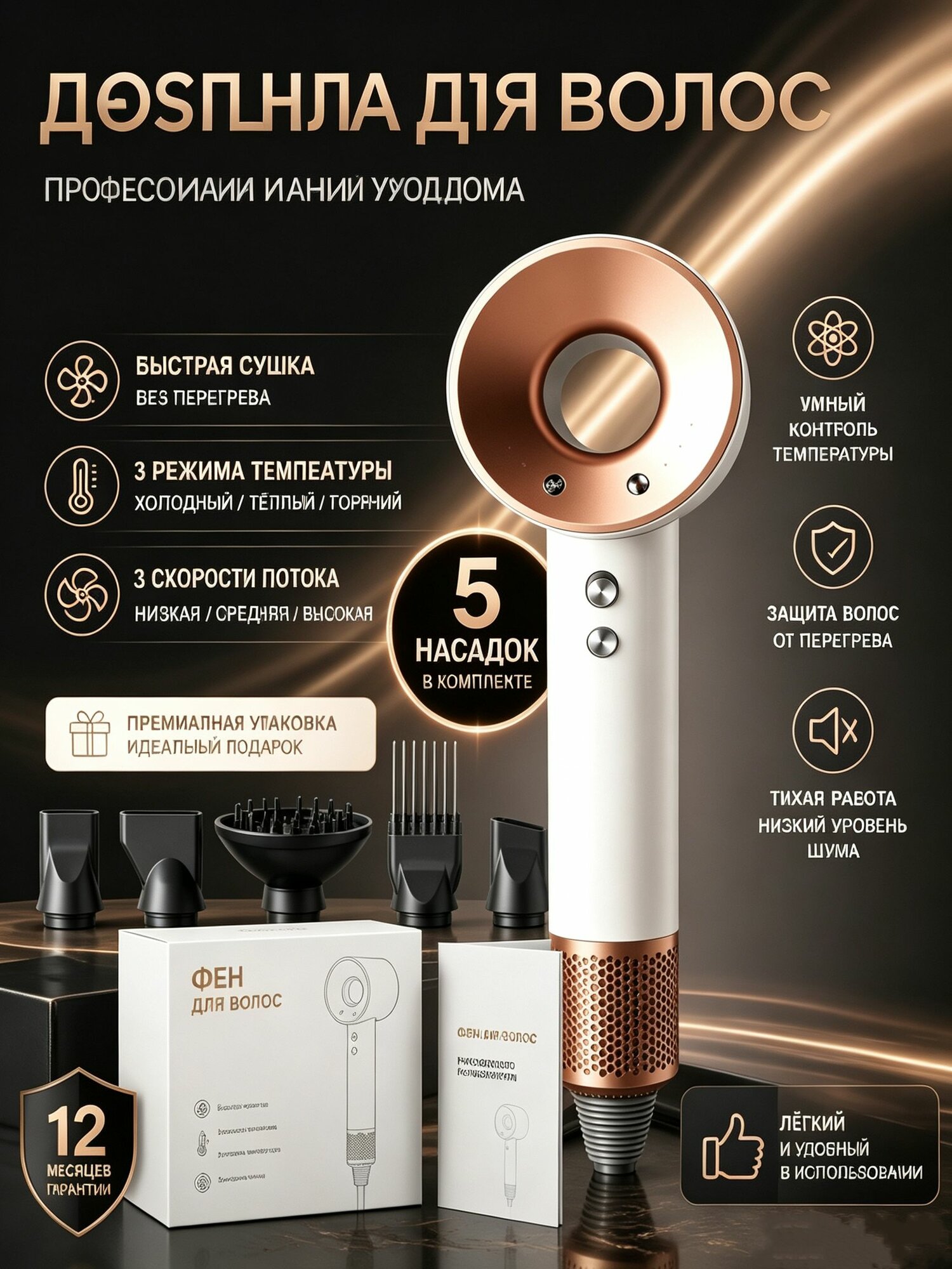 Фен для волос 019f0186ede571c593ec66c063879f80 1600 Вт, скоростей 12000, кол-во насадок 5, белый, бежевый