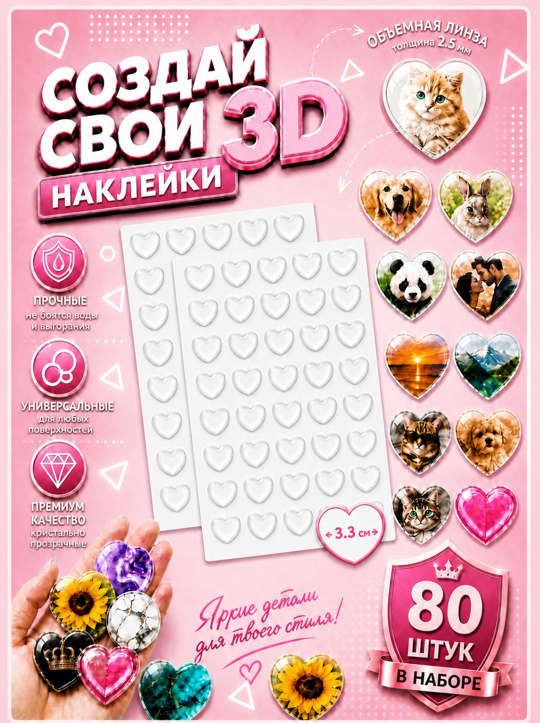 Наклейки эпоксидные заготовки прозрачные сердце 3х3,3