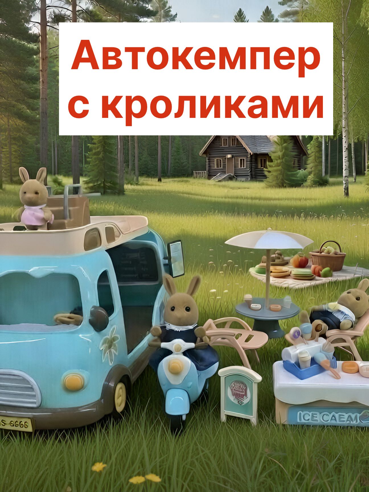 Кукольный дом на колесах, автобус-кемпер с мебелью и кроликами, семейный автомобиль, (транспорт для кукол, машина Santomle families)