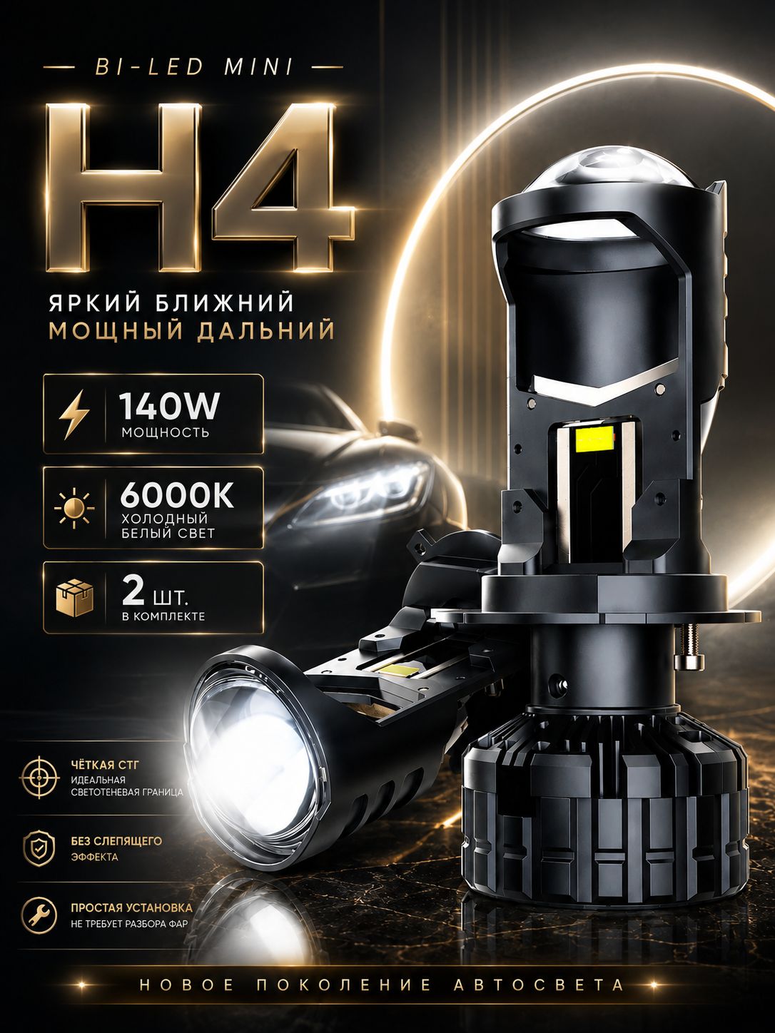 Мини линзы H4 би лед лампы h4 F40 про, для ближнего и дальнего света