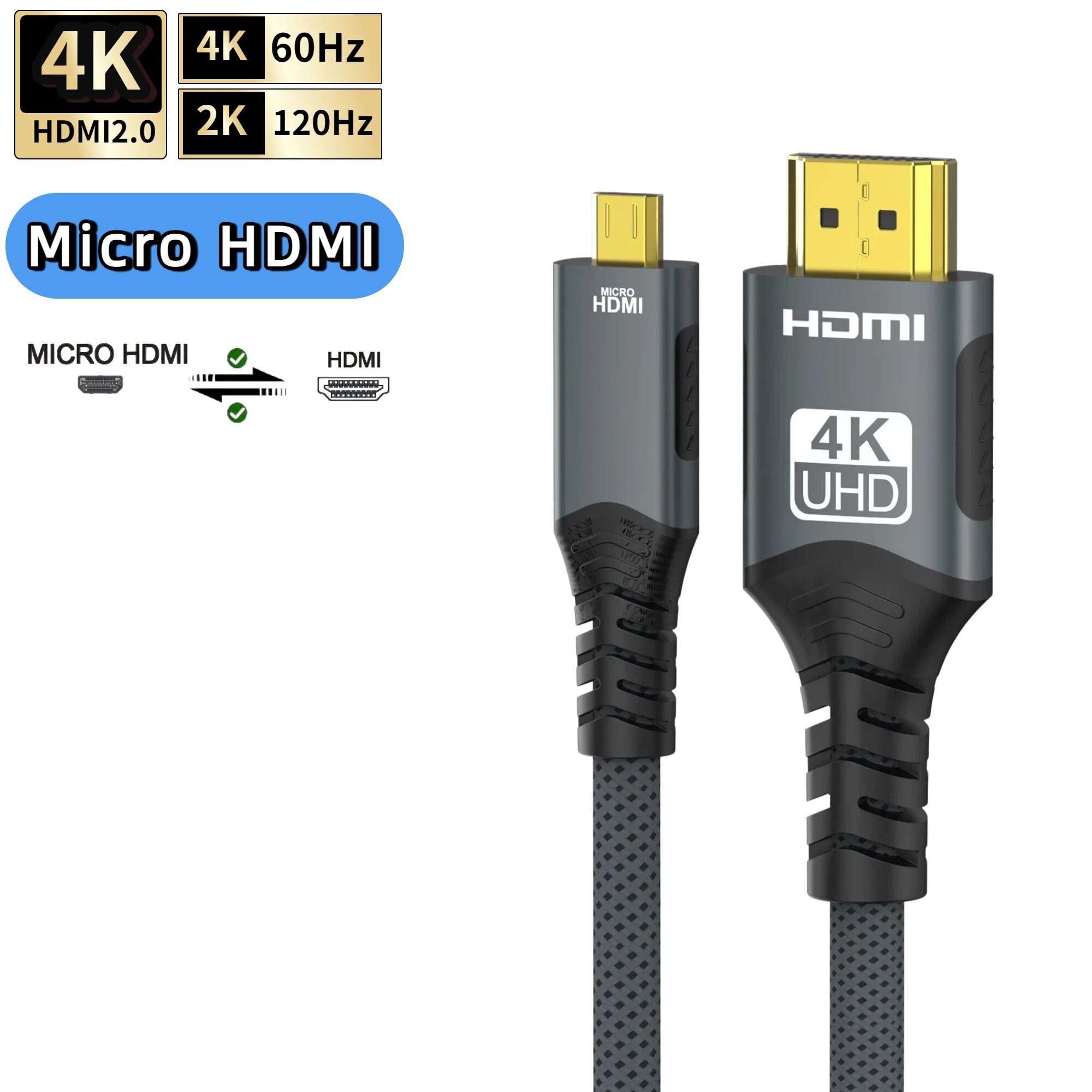 Кабель HDMI Mini/Micro - HDMI 2.0 FDBOY 2M(6.56FT), 4K Micro HDMI to HDM