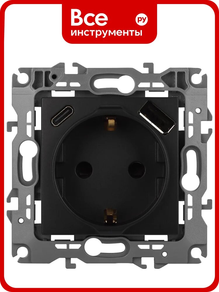 Розетка ЭРА Серия 12 12-4108-05 2PE 16A250В со шторками с USB typeAC 5В3А антрацит Б0067707