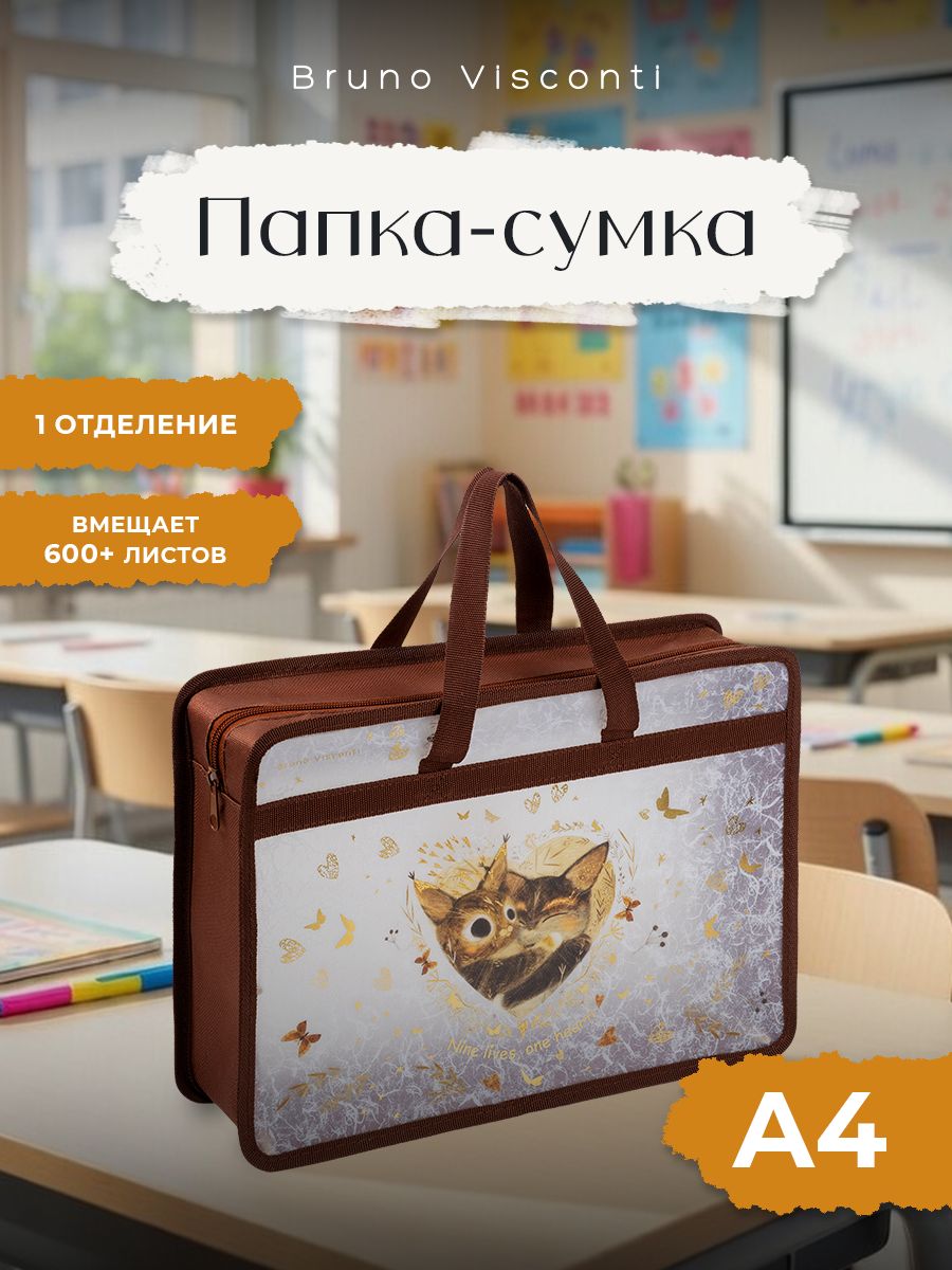 Bruno Visconti Папка для труда А4, с ручками, на молнии / папка сумка для изо и технологии "Love Me. Котики Приносят Счастье" для девочки
