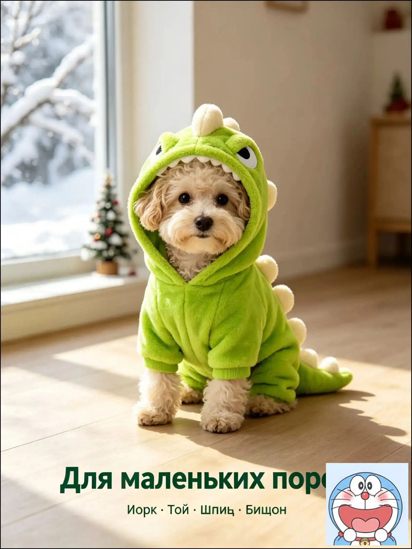 Комбинезон для собак динозавр тёплый зимний костюм на четыре лапки с капюшоном, объёмными шипами и стерео хвостом. Одежда для йорка, шпица, той-терьера, бишона, чихуахуа, осень-зима