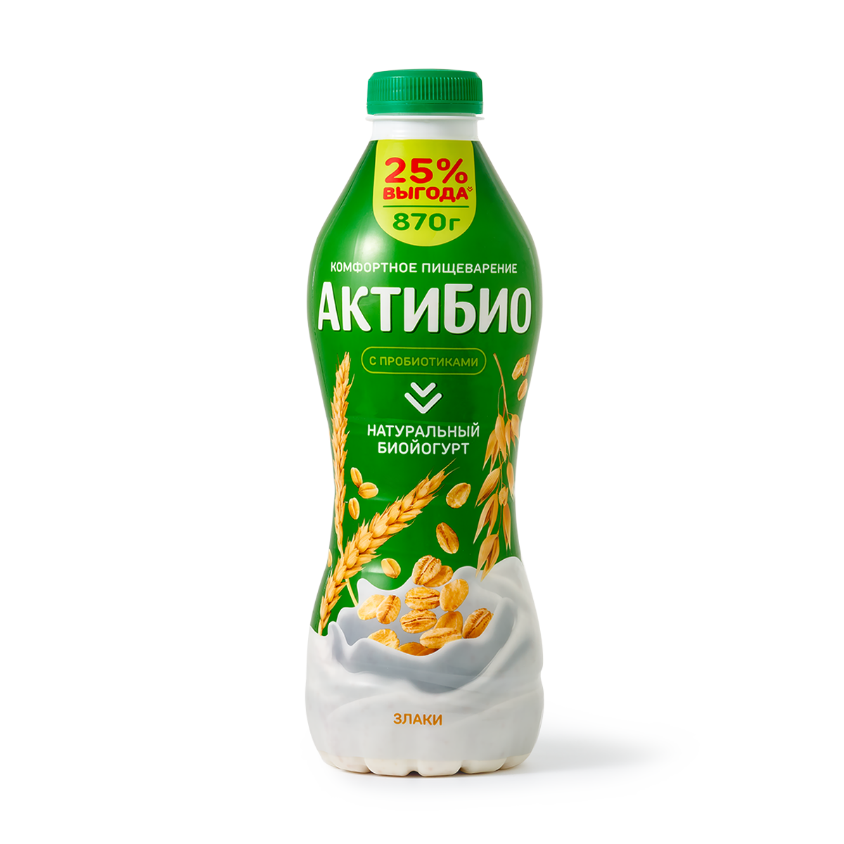 Биойогурт АктиБио Злаки, питьевой, 1,6% жирности, пластиковая бутылка, 870 г