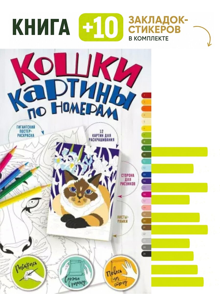 Кошки. Картины по номерам. Комплект: книга + 10 закладок-стикеров
