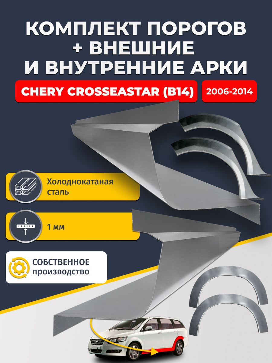 Комплект ремонтных задних внешних и внутренних арок (0,8 мм) + комплект стандартных ремонтных порогов , на Chery CrossEastar B14 2006-2014 (Чери КроссЕстар Б14) Холоднокатаная сталь 1 мм