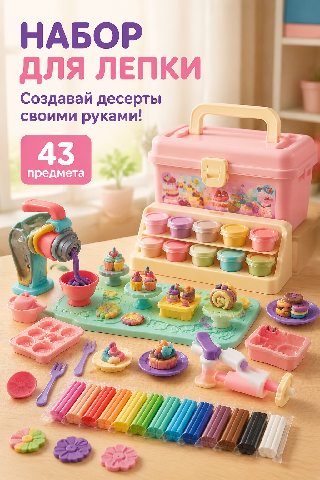 Детский набор для лепки с мягким пластилином и формочками для десертов, 43 предмета