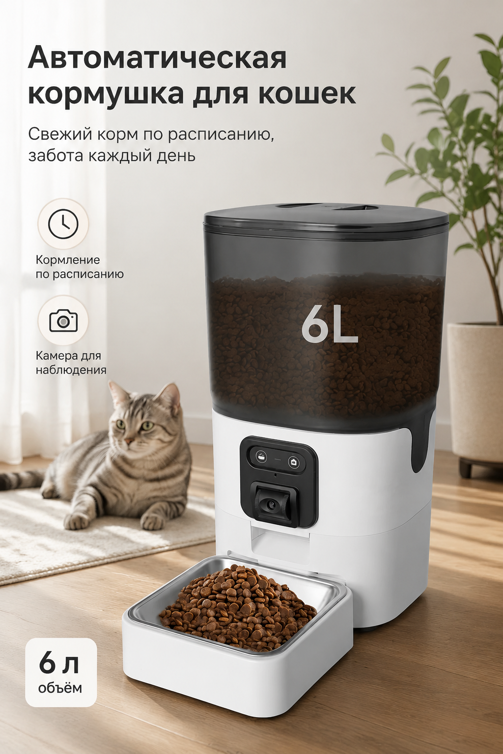 Автоматическая кормушка для кошек 6 л с камерой и управлением со смартфона