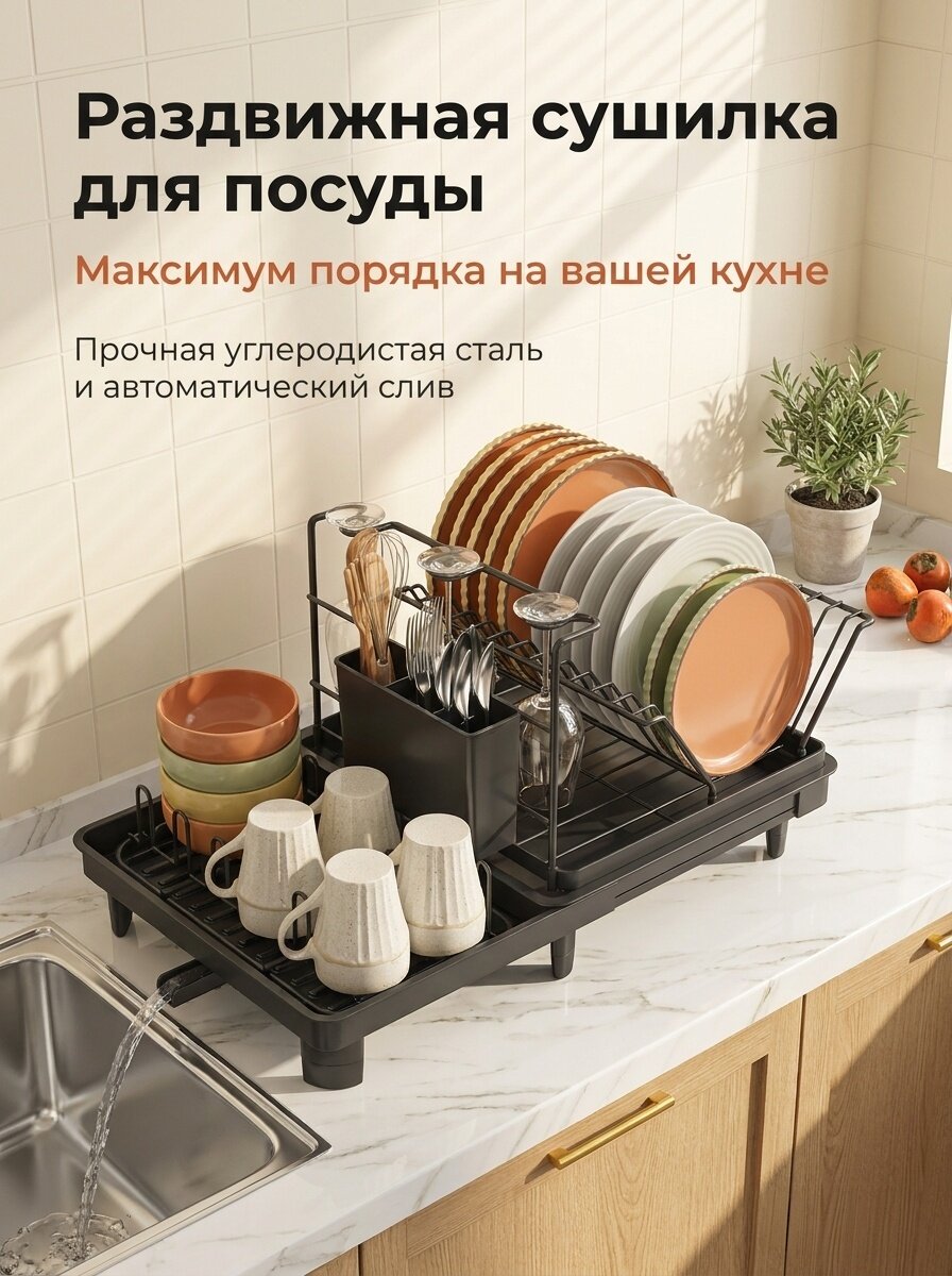 Сушилка для посуды настольная Lazy Bear, V-образная, раздвижная, компактная, сталь, толстый поддон, самоотвод, чёрная