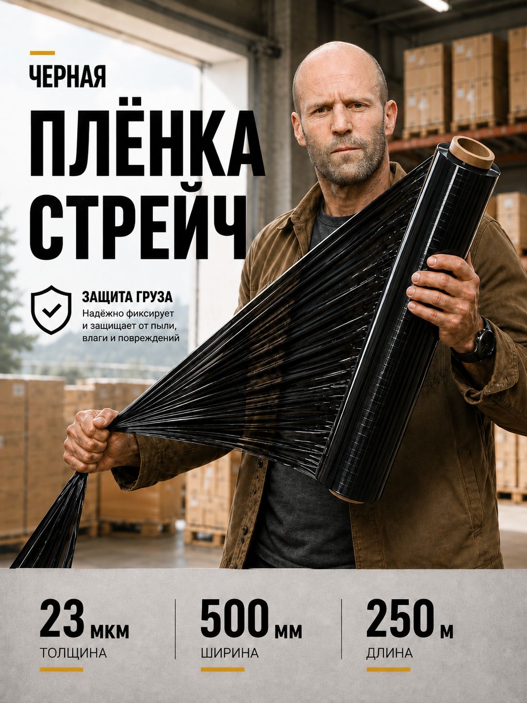 Стрейч пленка, пленка для упаковки, плёнка багажная, черная, ширина 50 см, длина 200 метров