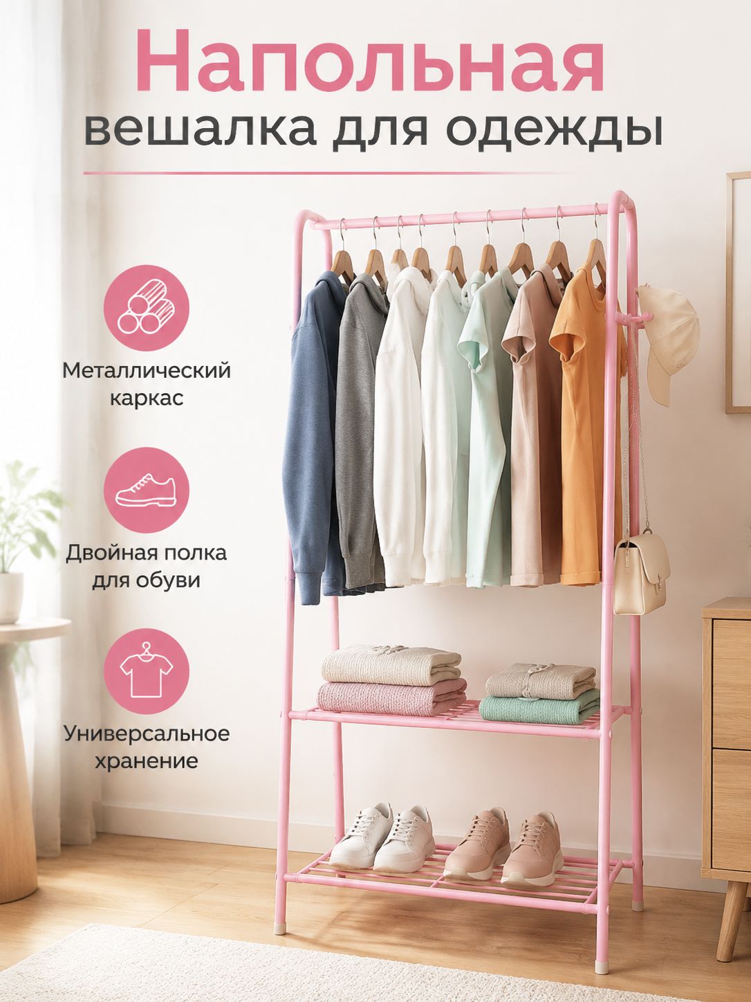 Напольная вешалка AH с полкой для обуви, металлическая, розовая