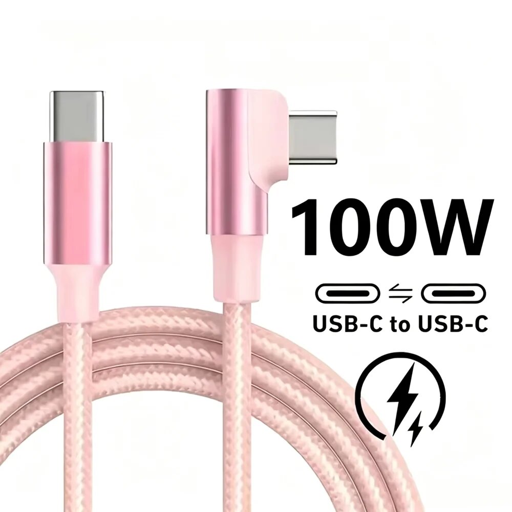 Кабель USB-C - USB-C С Угловым Разъемом 90 Градусов Для Быстрой Зарядки iPhone, 2m, Розовый, Pink
