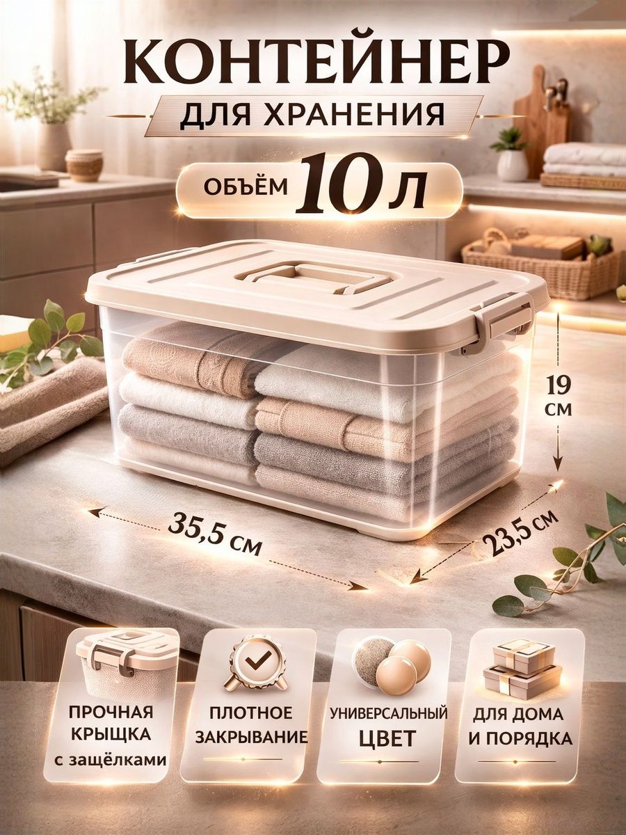 Контейнер 10 л для хранения с крышкой, 35,5х23,5х19 см, цвет бежевый