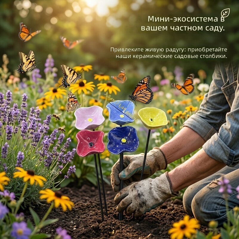 Набор из 5 керамических кормушек для пчел и бабочек, ручная работа, для улицы и декора, смешанные цвета