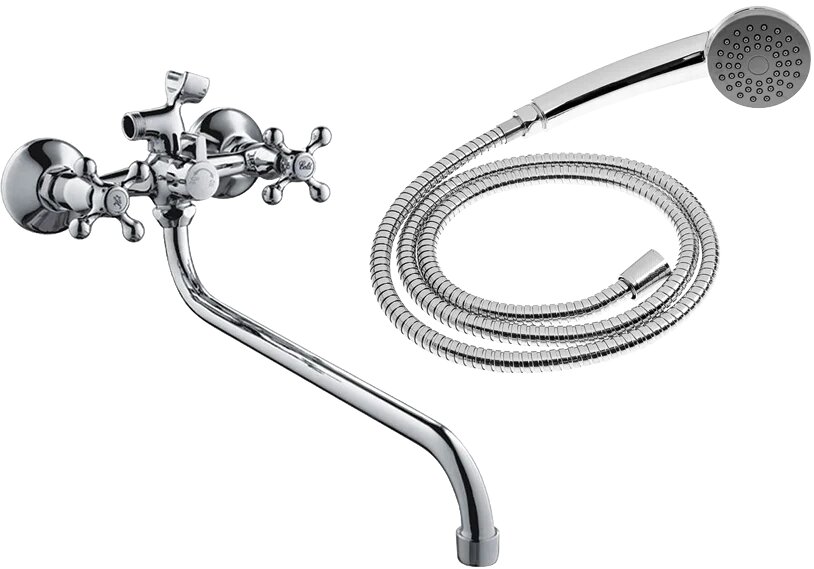 Смеситель с длинным изливом для ванны Haiba HB2208-2 с душевым гарнитуром, поворотный, латунный, хром, глянцевый, смеситель для ванны с душем, вентильный