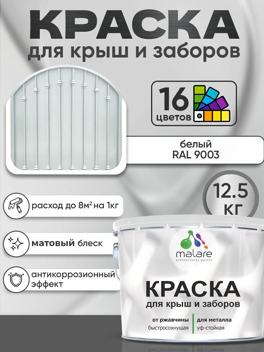 Краска по металлу Malare для крыш и заборов по ржавчине, для наружных работ, быстросохнущая износостойкая RAL 9003 белый, матовая, 12,5 кг