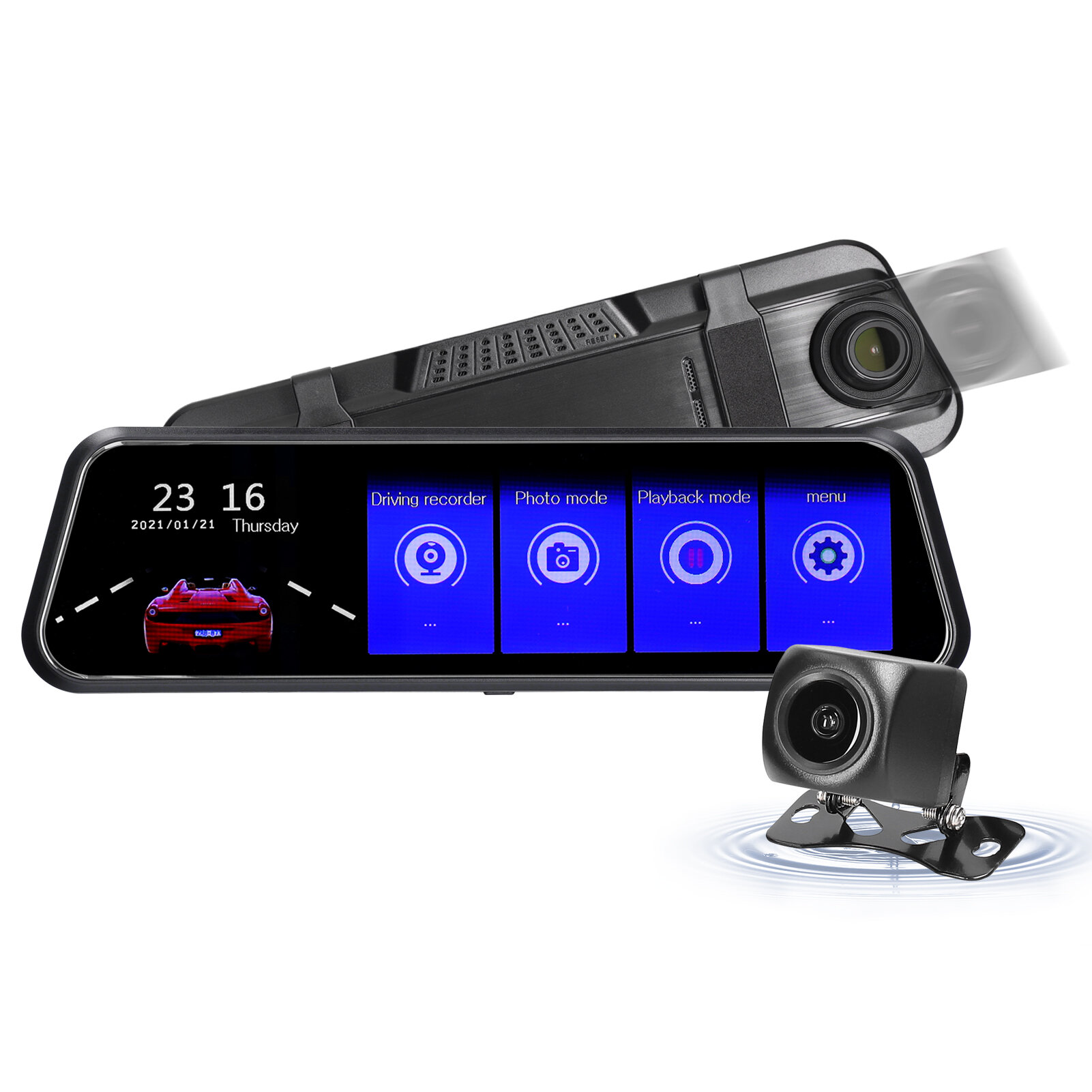 Автомобильный видеорегистратор DVR с задней камерой 1080P 9.66 дюймовый сенсорный экран Dual Camera Front & Rear 170° Широкий угол обзора поддержка ночного видения G-Sensor циклическая запись черный цвет