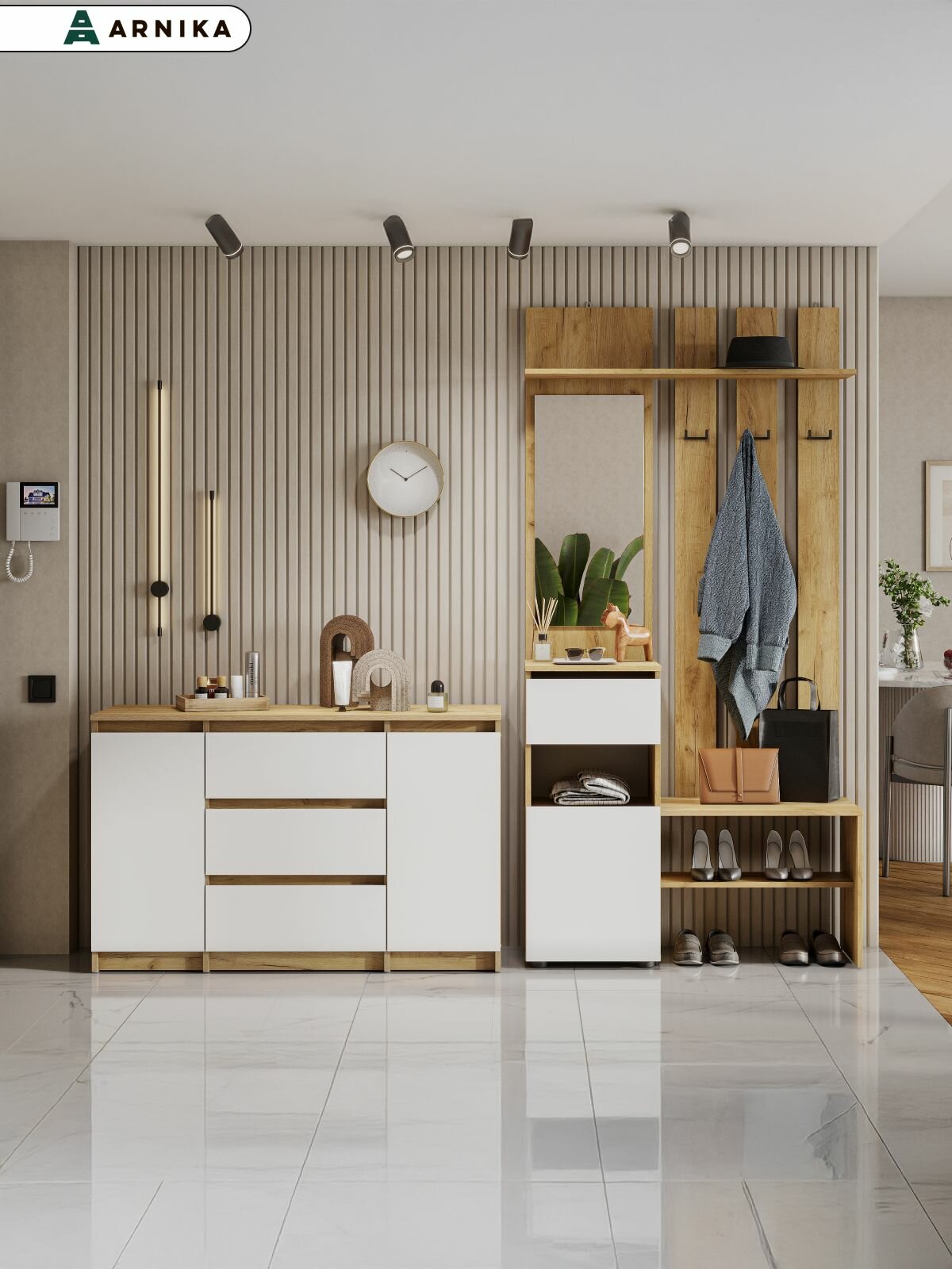 ARNIKA Прихожая ARNIKA , вешалка с зеркалом 2,2м, Дуб золотой; Белый