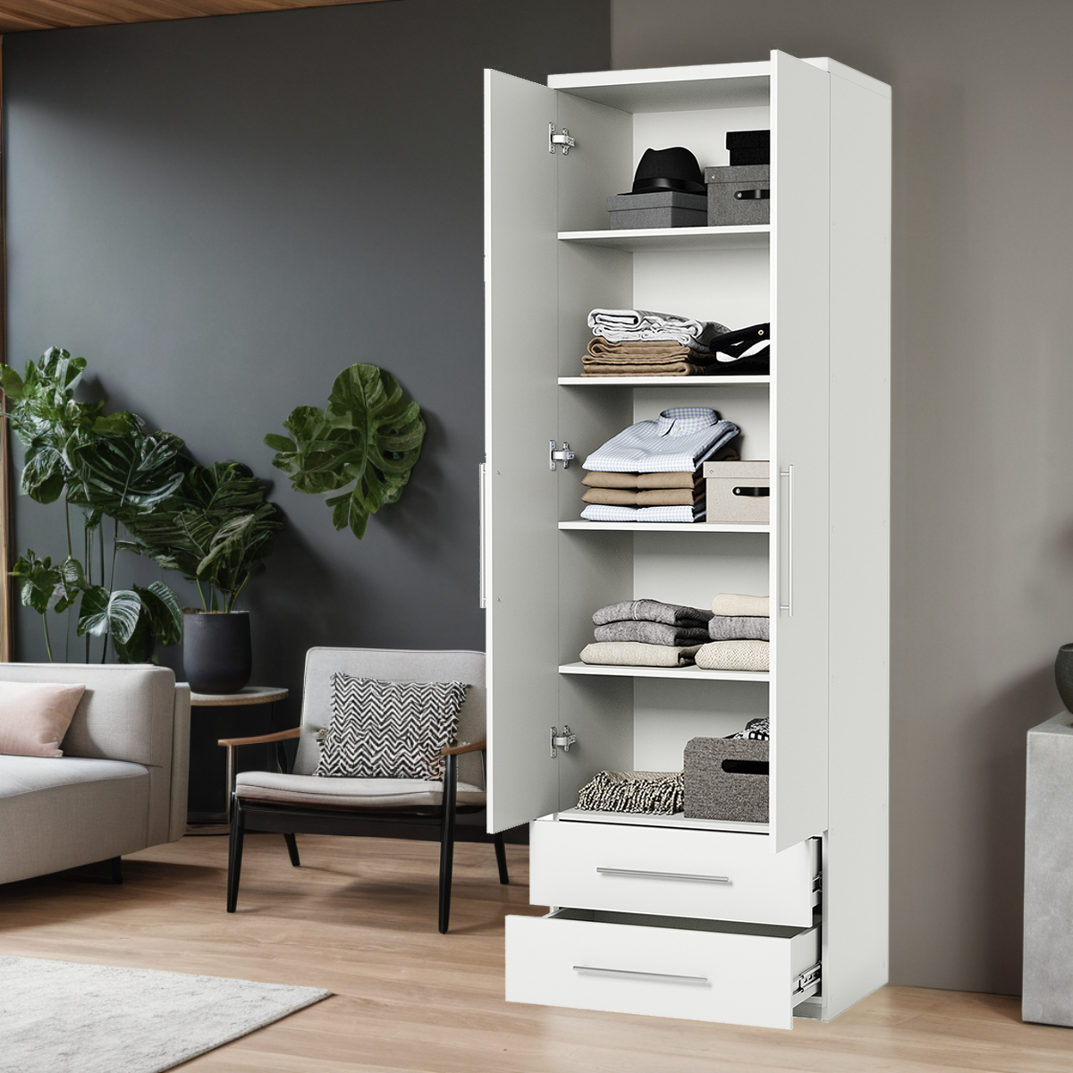 Шкаф с полками и ящиками Ритм МПЯ-21 100х60х220 см, распашной, в прихожую, лдсп Белый текстурный