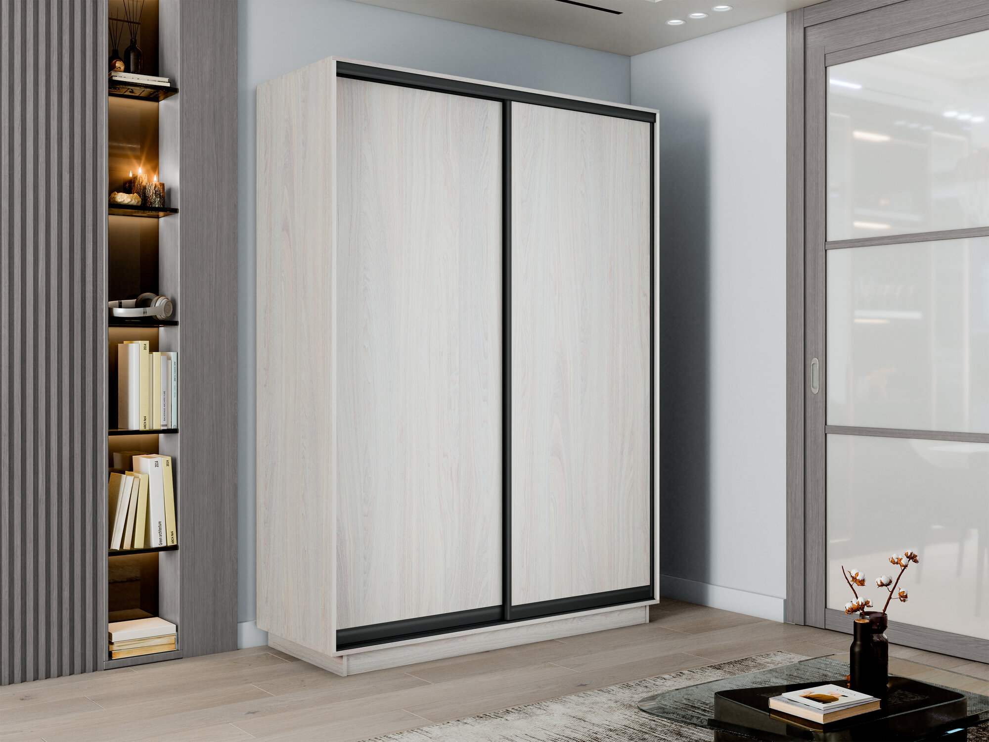 Шкаф купе Вилли 2-х дверный ЛДСП, профиль черный 140 см х 220 см х 45 см (Ясень анкор-светлый)