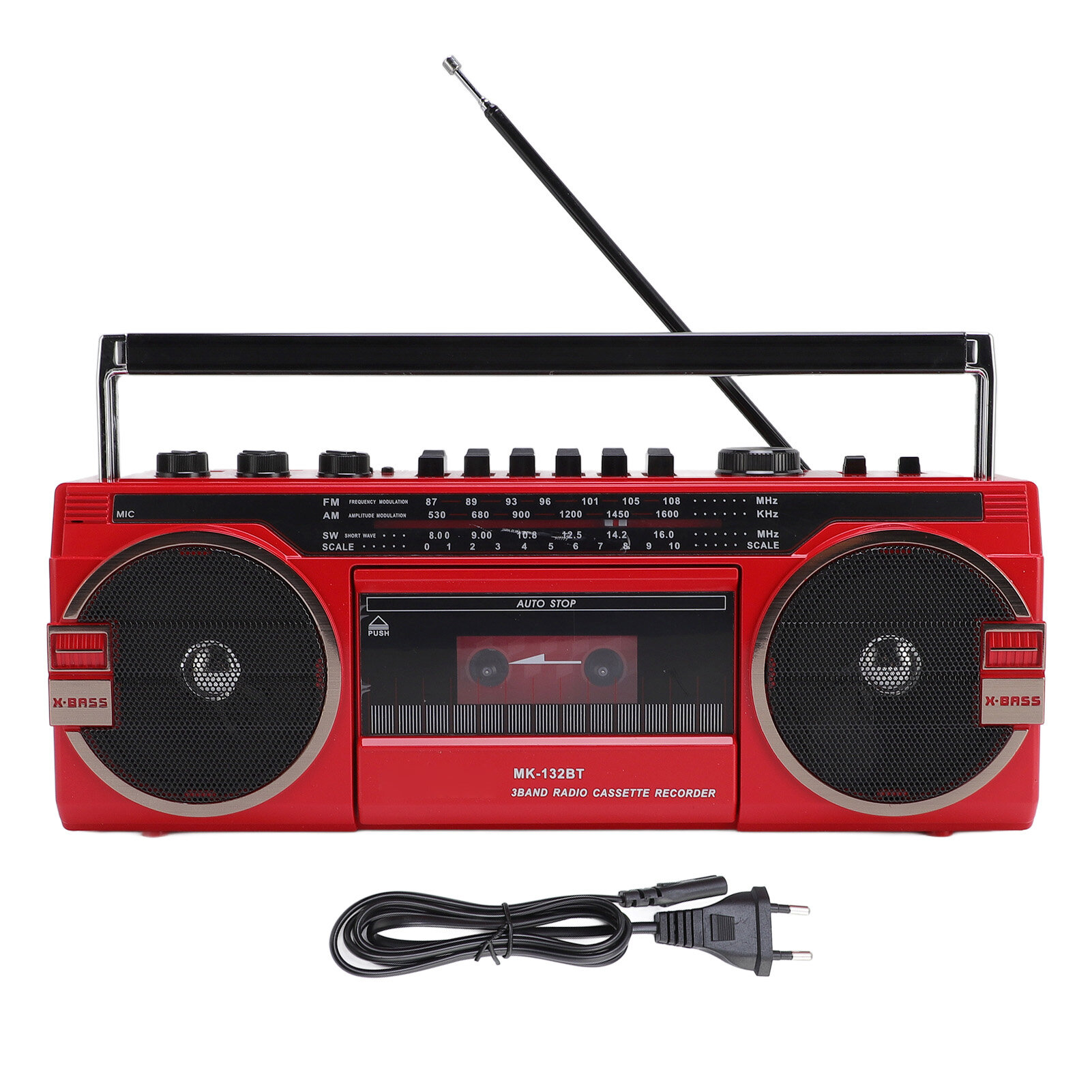 Ретро -кассетный магнитофон Рекордер AM FM SW радио с Bluetooth -динамик аккумулятор аккумулятор с аккумуляторным магнитофоном кассета USB -слот Red Eu Plugure