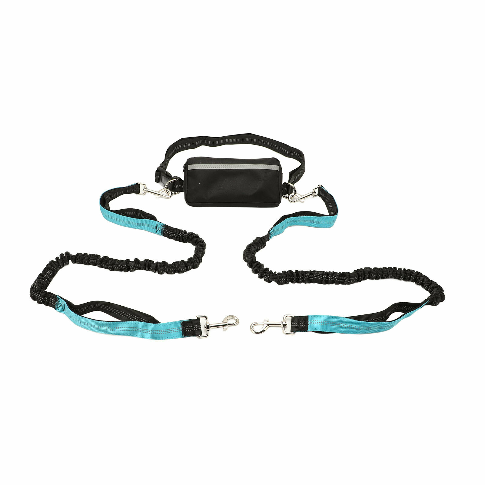 Поводок для двух собак на пояс с сумкой, двумя ручками, светоотражающими швами, регулируемым поясом для прогулок, небесно-голубой цвет.